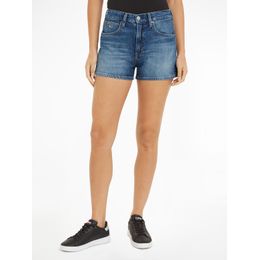 Shorts Tommy Jeans "HOT PANT BH0137", Damen, Gr. 28, N-Gr, blau (denim medium), Web, Obermaterial: 99% Baumwolle, 1% Elasthan, unifarben, casual, schmal, Hosen, mit Tommy Jeans Logo-Badge & Flag