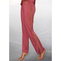 Pyjamahose Lascana, Damen, Gr. 32/34, N-Gr, rot (rosenholz), Single Jersey, Obermaterial: 95% Viskose, 5% Elasthan, unifarben, sexy, Basic lang, Hosen, mit Seitenstreifen aus transparenter Spitze