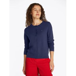 Cardigan Tommy Hilfiger "CO JERSEY STITCH CARDIGAN", Damen, Gr. L (40), blau (schwarz night navy), Feinstrick, Obermaterial: 67% Baumwolle, 33% Polyamid, unifarben, casual, regular fit hüftlang, Rundhals, Langarm Rippstrickbündchen, Strickjacken, mit Logostickerei