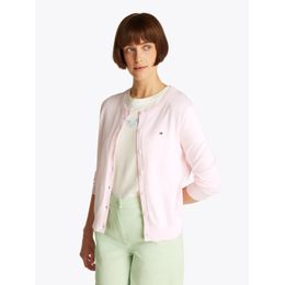 Cardigan Tommy Hilfiger "CO JERSEY STITCH CARDIGAN", Damen, Gr. M (38), rosa (light pink), Feinstrick, Obermaterial: 67% Baumwolle, 33% Polyamid, unifarben, casual, regular fit hüftlang, Rundhals, Langarm Rippstrickbündchen, Strickjacken, mit Logostickerei