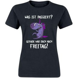 Spr&uuml;che Was ist passiert? Gerade war doch noch Freitag! T-Shirt schwarz in L 7263 - GL64000L - 4c Frontprint