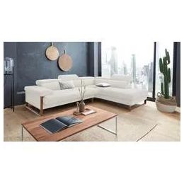 Ecksofa W.Schillig "finn, Designsofa mit tollem Sitzkomfort, bequem, L-Form", weiß (weiß z59), B:281cm H:71cm T:230cm, Flachgewebe S22 (100% Polyester), Stoff S37 (100% Polyester), Longlife Xtra-Leder Z59: Glattleder mit modischer Prägung. Hautstärke 0, 9 - 1, 1 mm, Sofas, German Design Award 2016, Fußgestell Nussbaum natur, Breite 281 cm