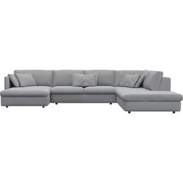Wohnlandschaft FLEXLUX "Lovane, u-Form, bequem und komfortabel", grau (sophisto grau), B:399cm H:84cm T:272cm, 100% Polyester, Sofas, Wohnlandschaft, Weich & anschmiegsam, gro&szlig;e Sitztiefe auf Kaltschaum, Dekokissen inkl.