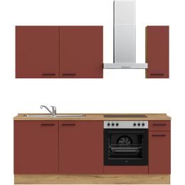 Küchenzeile Nobilia ""Easytouch basic"", rot (küche: front: lacklaminat rostrot ultramatt, korpus: eiche sierra nachbildung, arbeitsplatte: eiche sierra nachbildung, arbeitsplatte: eiche sierra nachbildung), B:210,3cm H:216,6cm T:60cm, Komplettküchen-Sets, vormontiert, Ausrichtung wählbar, Breite 210 cm, wahlw. mit E-Geräten