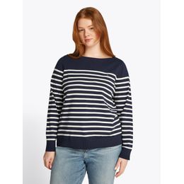 Strickpullover Tommy Hilfiger Curve "CRV CO JERSEY STITCH LS B-NK SWT", Damen, Gr. 46, blau (schwarz night navy, ivory petal stp), Strick, Obermaterial: 67% Baumwolle, 33% Polyamid, gestreift, casual, tailliert hüftlang, U-Boot-Ausschnitt, Langarm elastischer Bund, Pullover, in Großen Größen, Logostickerei