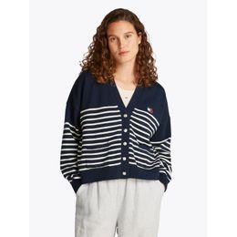 Strickjacke Tommy Jeans "TJW CABLE CARDIGAN", Damen, Gr. L (40), blau (schwarz night navy), Strick, Obermaterial: 100% Baumwolle, gestreift, casual, relaxed fit kurz, V-Ausschnitt, Langarm Bündchen, Strickjacken, mit Streifenmuster, Taschen