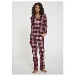 Pyjama Lascana, Damen, Gr. 40/42, rot (rot kariert), Interlock, Obermaterial: 100% Baumwolle, kariert, Basic, bequem lang, V-Ausschnitt, Langarm Manschette, Homewear-Sets, mit Schlafmaske