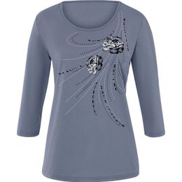 Damen T-Shirt mit platziertem Bl&uuml;ten-Print taubenblau, Gr&ouml;&szlig;e 54