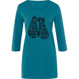 Damen Longshirt mit Katzen-Print aquapetrol-schwarz, Gr&ouml;&szlig;e 48