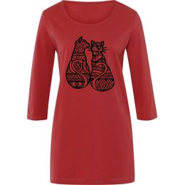 Damen Longshirt mit Katzen-Print kirsche-schwarz, Gr&ouml;&szlig;e 52