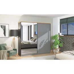 Schwebetürenschrank Home Affaire "Valencia, Kleiderschrank mit Spiegel im Landhausstil, 220x214x65,5cm", grau (grau matt), B:220cm H:214cm T:65,5cm, MDF, Spanplatte, Schränke, mit kompletter Innenausstattung, FSC-zertifizierter Holzwerkstoff