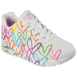 Sneaker Skechers "UNO - HIGHLIGHT LOVE", Damen, Gr. 35, bunt (wei&szlig;, multi), Lederimitat, Textil, kontrastfarbene Details, Schuhe Sneaker, Freizeitschuh, Halbschuh, Schn&uuml;rschuh mit Herzchen-Print