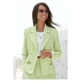 Kurzblazer Lascana, Damen, Gr. 46, grün (limone), Web, Obermaterial: 64% Polyester, 32% Viskose, 4% Elasthan. Futter: 100% Polyester, unifarben, modisch, figurbetont hüftlang, Langarm, Blazer, mit doppelreihigem Knopfverschluss, Damenblazer, sportlich-elegant, Topseller