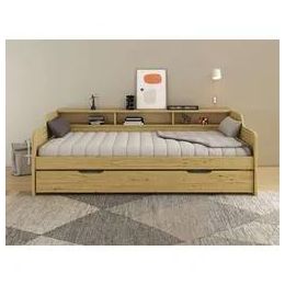 Daybett Home Affaire ""REETE1", Stauraum, Funktionsbett, Kinderbett, inklusive Schubkasten", beige (natur, natur), B:110,9cm H:69,4cm L:205,1cm, Daybetten, mit Regalen, FSC zertifiziertes Massivholz (Kiefer), Landhausstil