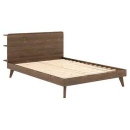 Bettgestell KARUP DESIGN "RETREAT BED", braun (carob braun lackiert), B:146cm H:93cm L:226cm, Betten, aus Kiefer massiv mit Lattenrost, Kopfteil mit 3 Ablagen