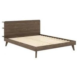 Bettgestell KARUP DESIGN "RETREAT BED", braun (carob braun lackiert), B:166cm H:93cm L:226cm, Betten, aus Kiefer massiv mit Lattenrost, Kopfteil mit 3 Ablagen