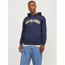Jack & Jones JACK & JONES Herren Kapuzensweatshirt "JJECALEB VARSITY SWEAT HOOD NOOS", blau, Gr. S, bedruckt, angeraute Sweatware, Obermaterial: 70% Baumwolle,
