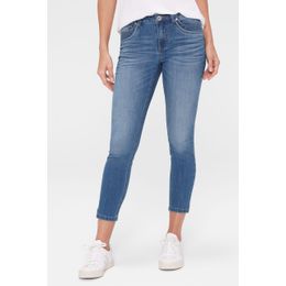 Damen Slim-fit-Jeans, blau, Gr. 33, SENSES.THE LABEL, Abriebeffekte, Material: 78% Baumwolle, 21% Polyester, 1% Elasthan, Jeans, mit verkürztem Bein