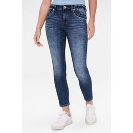 Damen Slim-fit-Jeans, blau, Gr. 29, SENSES.THE LABEL, Abriebeffekte, Material: 78% Baumwolle, 21% Polyester, 1% Elasthan, Jeans, mit Schlitz am Saum