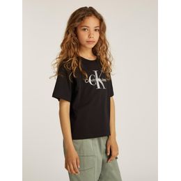 M&auml;dchen Rundhalsshirt "MONOLOGO GLITTER SS T-SHIRT", schwarz, Gr. 4, Calvin Klein Jeans, bedruckt, gl&auml;nzend, unifarben, Single Jersey, Obermaterial: