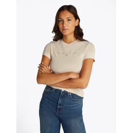 Tommy Jeans Damen T-Shirt "TJW SLIM TONAL LINEAR TEE EXT", beige, Basic, Gr. XXL, bedruckt, Single Jersey, Obermaterial: 100% Baumwolle, Shirts, mit