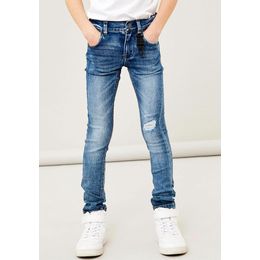 name it Jungen Stretch-Jeans "NKMPETE DNMTONSON", blau, Gr. 122, Abriebeffekte, Denim/Jeans, Obermaterial: 74% Baumwolle, 24% Polyester, 1% Elasthan,