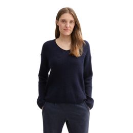 Tom Tailor Damen Strickpullover, blau, Gr. L, unifarben, Strick, Obermaterial: 55% Baumwolle, 25% Polyacryl, 20% Polyester, Pullover, mit V-Ausschnitt