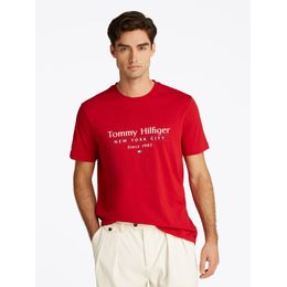 Tommy Hilfiger Herren T-Shirt "HILFIGER CENTER STACK TEE", rot, Gr. XXXL, Single Jersey, Obermaterial: 100% Baumwolle, Shirts, mit gro&szlig;em Schriftprint