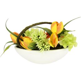 Gestecke my home, B:23cm H:16cm L:10cm, gelb, Kunstpflanzen, "Tulpe, Calla, Hortensie, Gerbera", In Schale, Kunstblume, Seidenblume