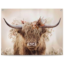 Poster Reinders, B:80cm H:60cm T:0,1cm, beige, Leinwand, Bilder, "Highlander in Blumen", Outdoor f&uuml;r Garten oder Balkon