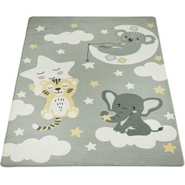 Kinderteppich Paco Home, B:155cm H:2mm L:230cm, grau, Polyester, Teppiche, "Chicos 551", Flachgewebe, niedliches Kinder Design, Motiv Tiere,