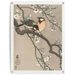 Poster Reinders, B:60cm H:80cm T:0,1cm, beige, Leinwand, Bilder, "Ohara Koson Kohlmeisen auf Bl&uuml;tenzweig", Outdoor f&uuml;r Garten oder Balkon