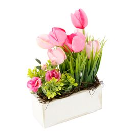 Gestecke my home, B:18cm H:26cm L:10cm, rosa, Kunstpflanzen, "Tulpen Wildrosen und Gras", Im Topf, aus Holz, Blumendeko