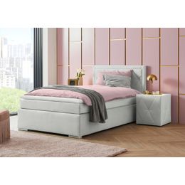 Boxbett LEONIQUE "Alfie, Bestseller, wahlweise mit Bettkasten", grau (hellgrau), L:206cm, Bezug Bett: Samtvelours (100% Polyester), Bezug der Spiegelfläche Matratzendrell aus 100% Polyester. Topperbezug abnehmbar und waschbar bis 30º C, aus 100% Polyester, Komplettbetten, Boxspringbett, mit Straßsteinen im Kopfteil, H2, H3 und H4 wählbar, Topseller