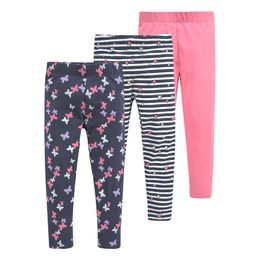 Leggings Kidsworld "3er Pack Leggings für kleine Mädchen", Mädchen, Gr. 116/122, N-Gr, bunt (bunt, gemustert, pink, uni, blau, weiß, gestreift), Jersey, Obermaterial: 95% Baumwolle, 5% Elasthan, bedruckt, gestreift, unifarben, eng lang, Hosen, mit unterschiedlichen Mustern und Farben