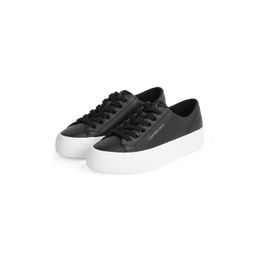 Plateausneaker Calvin Klein Jeans "VULC FLATFORM LOW MG LTH", Damen, Gr. 41, schwarz-weiß (schwarz, weiß), Leder, Schuhe, Schnürschuh, Halbschuh, Freizeitschuh in klassischer Optik