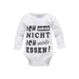 Langarmbody Klitzeklein "Ich schreie nicht, ich bestelle Essen", Baby, Gr. 74/80, N-Gr, weiß, Obermaterial: 100% Baumwolle, bedruckt, Basic, Bodies, aus Bio-Baumwolle