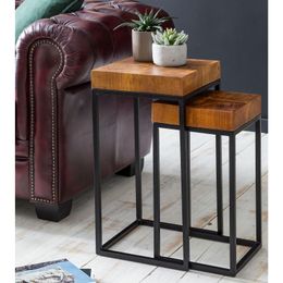 FineBuy 2er Set Beistelltisch FB51457 Sheesham Holz Metall Tisch Couchtisch