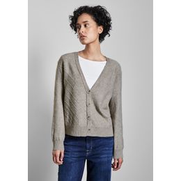 Cardigan Street One, Damen, Gr. 34, beige (breezy beige meliert), Stoff, Web, 33% Polyester, 31% Polyacryl, 24% Baumwolle, 12% Polyamid, Strukturmuster, casual, normal normal, V-Ausschnitt, Langarm Bündchen, Strickjacken, aus softem Materialmix