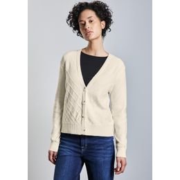 Cardigan Street One, Damen, Gr. 34, beige (soft beige), Stoff, Web, 33% Polyester, 31% Polyacryl, 24% Baumwolle, 12% Polyamid, Strukturmuster, casual, normal normal, V-Ausschnitt, Langarm Bündchen, Strickjacken, aus softem Materialmix