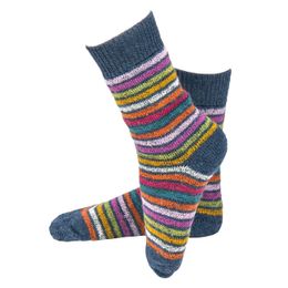 Hirsch Natur Regenbogen-Ringelsocke, 42/43 - Blau, unisex, aus Schurwolle