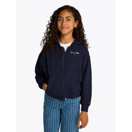 Sweatjacke Tommy Hilfiger "VARSITY ZIP THROUGH", Mädchen, Gr. 7 (122), blau (schwarz night navy), Sweatware, Obermaterial: 95% Baumwolle, 5% Elasthan, unifarben, loose fit, Langarm Rippbündchen, Sweatjacken, mit Logo vorne und hinten