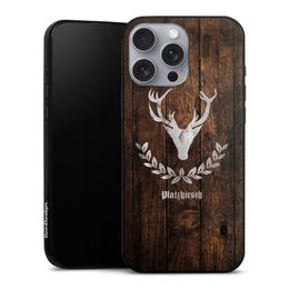 DeinDesign iPhone 16 Pro Max Handy Slim Case extra d&uuml;nn Silikon Handyh&uuml;lle schwarz H&uuml;lle Wooden Look Deer Wood Silikon Slim Case