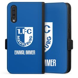 DeinDesign Galaxy A50 Handy Klapph&uuml;lle Handyh&uuml;lle aus Kunst Leder schwarz Flip Case Coat Of Arms Official Licensed Product 1. Fc Magdeburg Sideflip mit Lasche