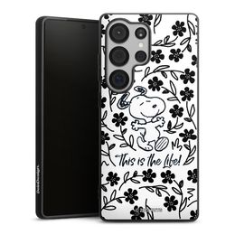DeinDesign Galaxy S25 Ultra Handy Premium Silikon H&uuml;lle Handyh&uuml;lle schwarz Case Peanuts Flowers Snoopy Silikon Premium Case