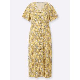 WITT Damen Druckkleid mit seitlich gesmokter Taille, sand-ocker-bedruckt, Gr&ouml;&szlig;e 40