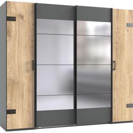 Schwebetürenschrank wimex "Stockholm, Schlafzimmerschrank mit Industrial-Look, rustikale Optik", grau (plankeneiche, graphit), B:225cm H:210cm T:65cm, Holzwerkstoff, Schränke, Kleiderschrank mit Spiegel BESTSELLER Schrank Garderobe