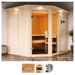 Sauna Karibu "Frigga 3", beige (naturbelassen), Bio-Kombiofen, externe Steuerung, 9 kW, Saunen, 9-kW-Bio-Ofen mit externer Steuerung