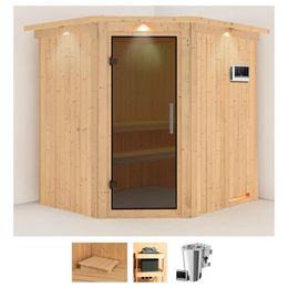 Sauna Karibu "Laila", beige (naturbelassen), Bio-Kombiofen, externe Steuerung, 3,6 kW, Saunen, 3,6-kW-Bio-Plug & Play Ofen mit externer Steuerung