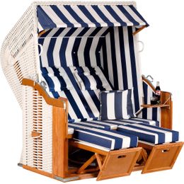 Strandkorb SUNNYSMART "Rustikal 250 Plus XL, TOPSELLER", weiß (korpus: natur, weiß bezug: blau, weiß), StrandkörbeB:145cm H:160cm T:90cm, 2 XL-Sitzer, komplett montiert, Oberkorb in einem Stück geflochten, B:145cm H:160cm T:90cm